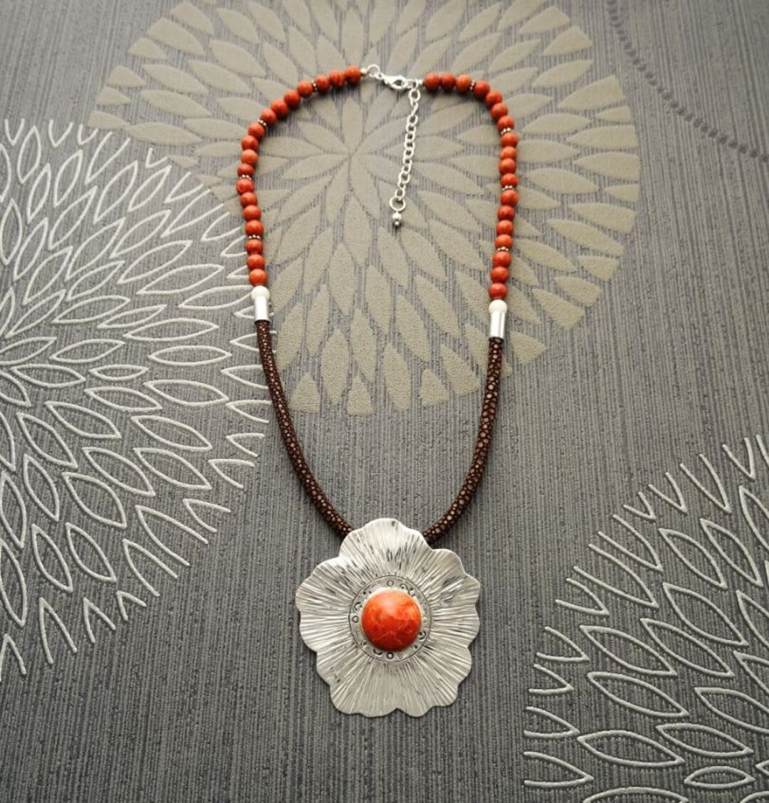 Coral Jasper Necklace, Sterling Silver Pendant, Hibiscus Flowers ...
