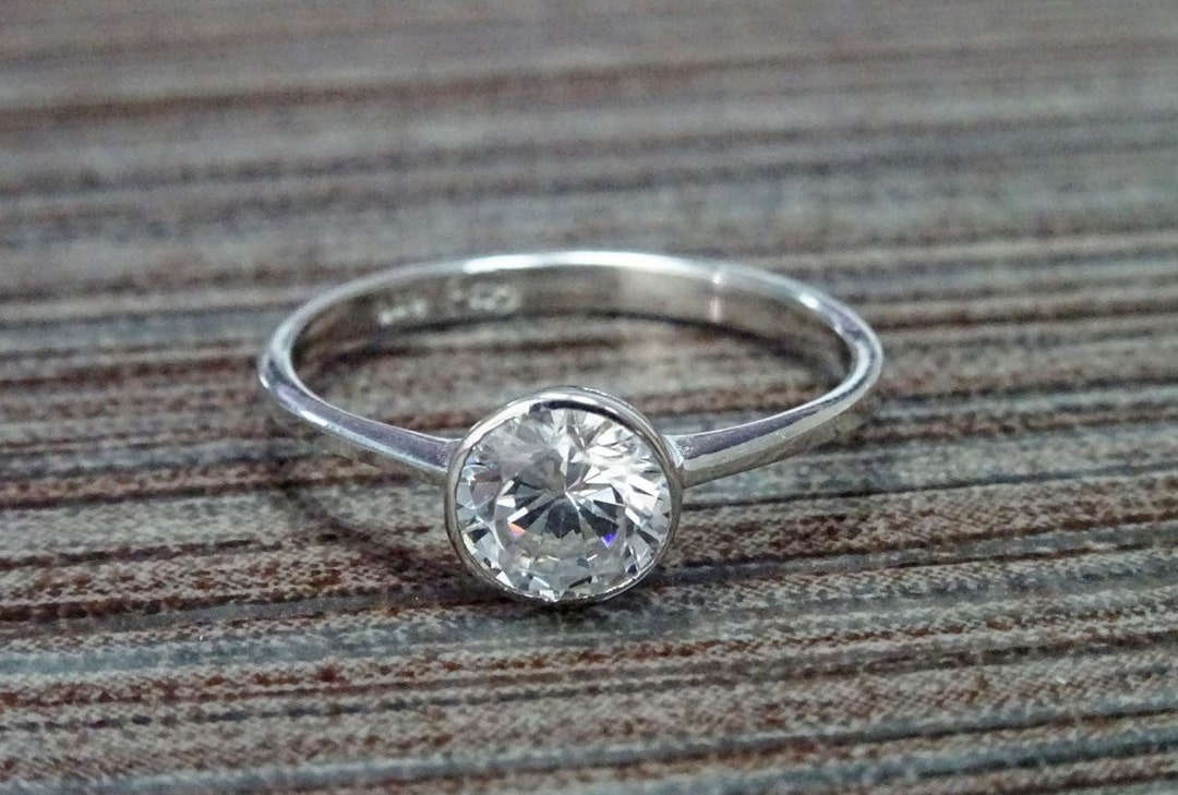 1ct Solitaire Ring, Solid Sterling Silver, Closed Bezel Setting Ring ...