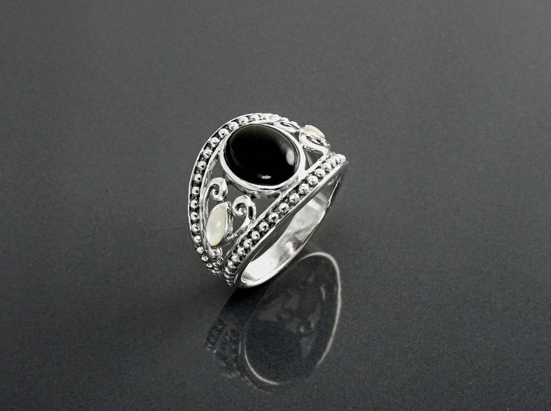 Bague Onyx Noir, Argent 925, Nacre et Pierre Onyx Noir, Bague Tribale ...