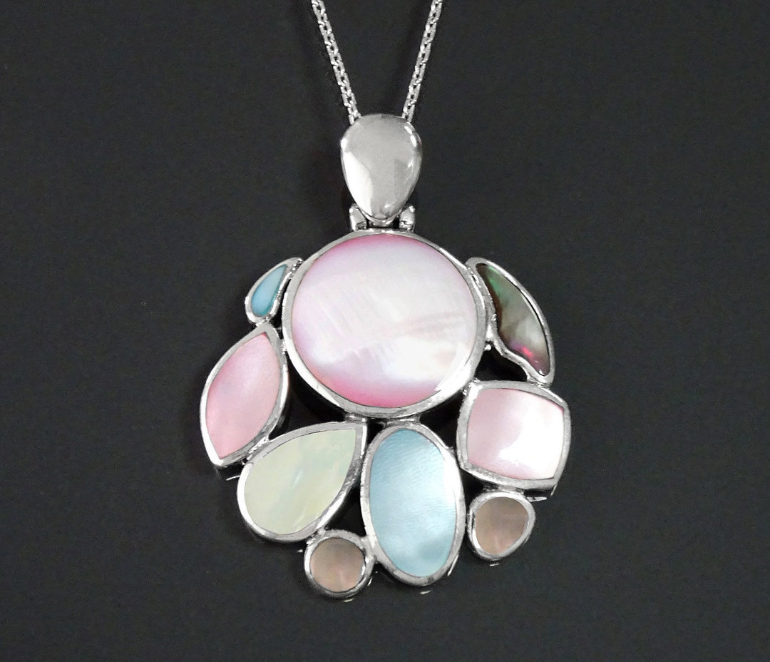 Oval Shell Necklace Sterling Silver Multicolored Geometric - Etsy