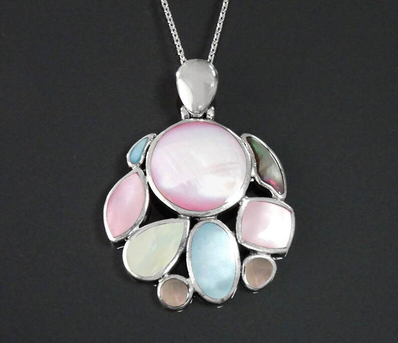 Oval Shell Necklace Sterling Silver Multicolored Geometric - Etsy
