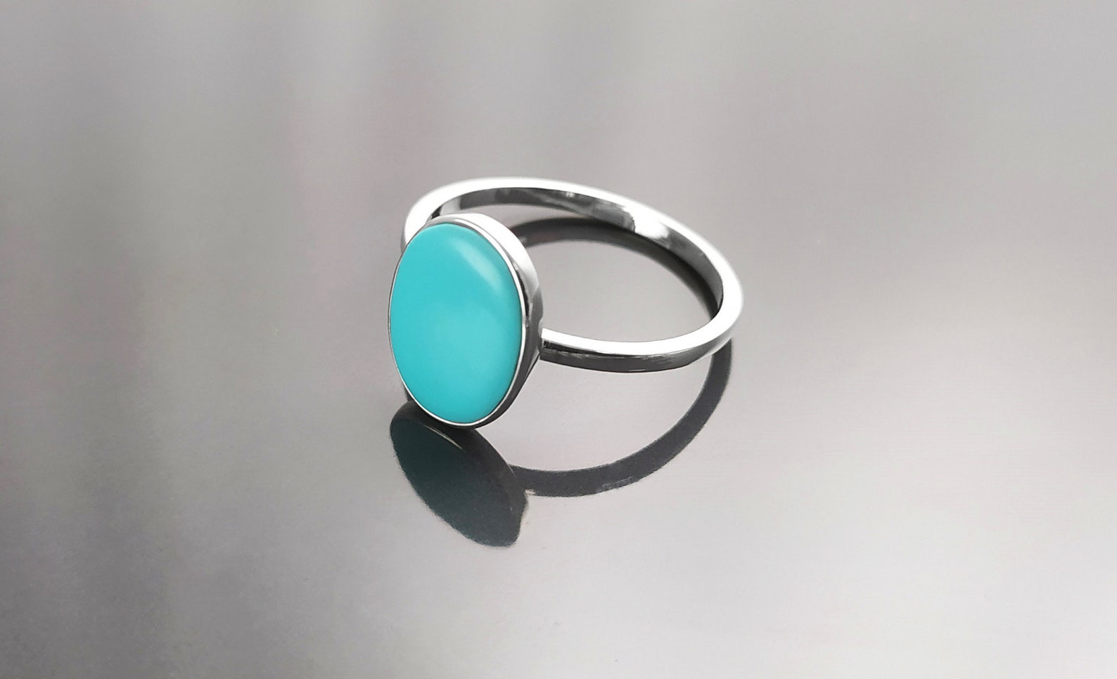 Oval Turquoise Ring, Sterling Silver, Flat Genuine Turquoise Stone ...