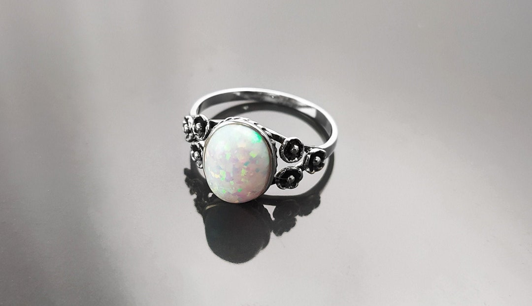 Fire Opal Ring, Sterling Silver, Fiery Opal Stone Jewelry, White Oval ...