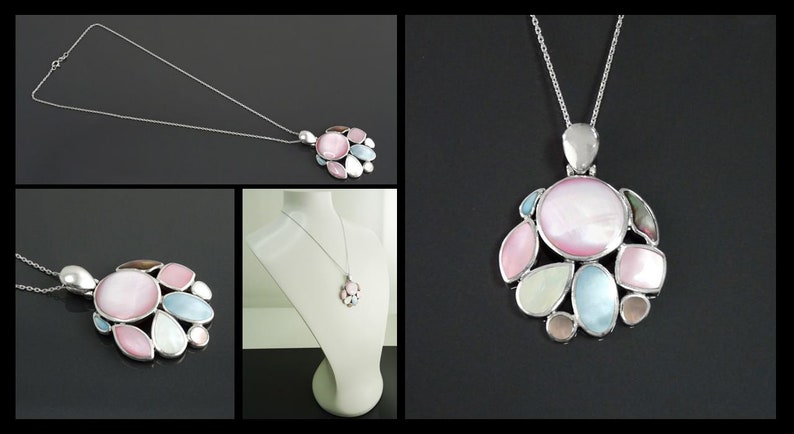 Oval Shell Necklace Sterling Silver Multicolored Geometric - Etsy