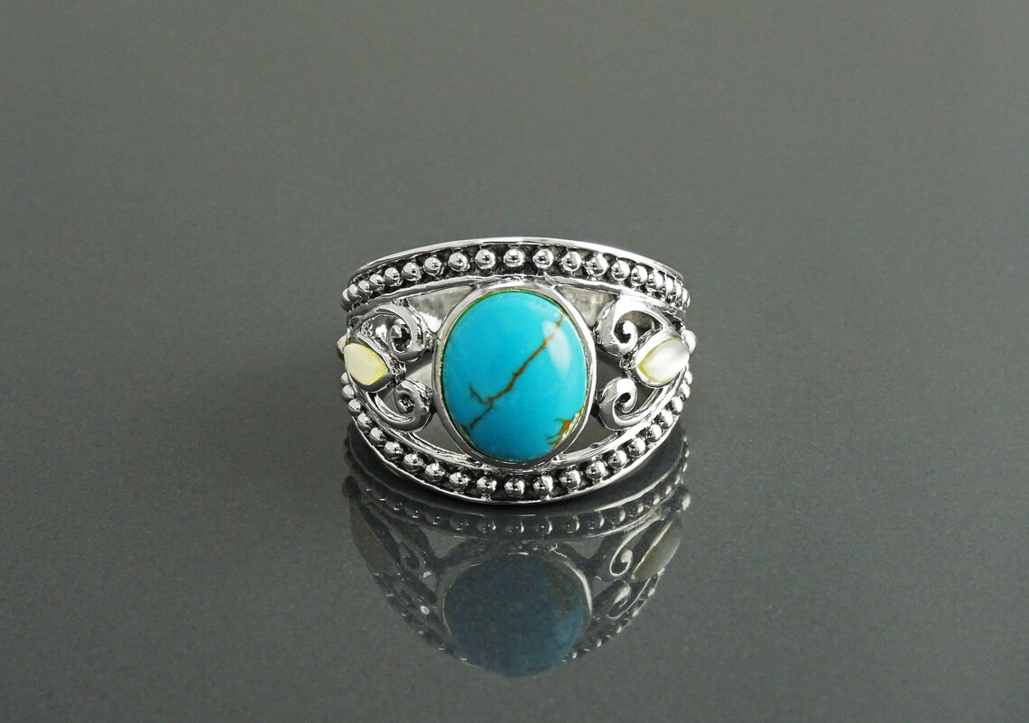 Blue Turquoise Ring Sterling Silver Turquoise & Mother of - Etsy
