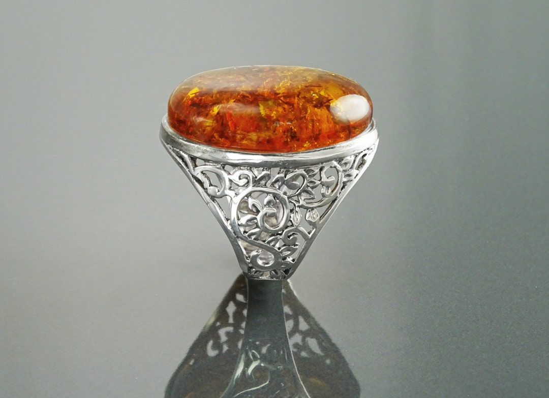 Antique Amber Ring, Sterling Silver 925, GENUINE Amber Oval Stone ...