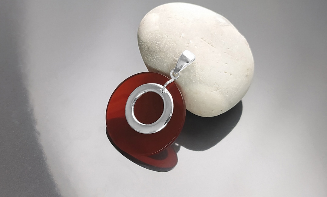 Red Round Pendant, Sterling Silver, Red Agate Stone Discs, Modern ...