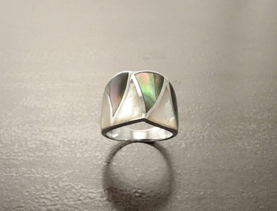 Shell Crossing Ring Sterling Silver GENUINE Grey Paua and | Etsy