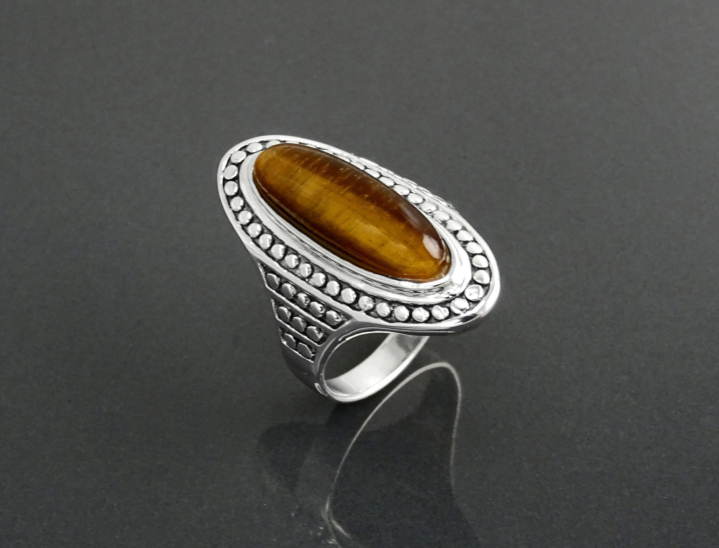 Tiger Eye Ring, Sterling Silver, Natural Oval Long Brown Tiger Eye ...
