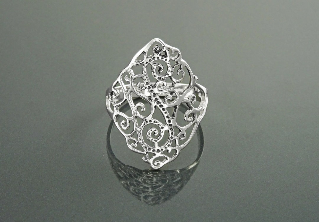 Filigree Armor Ring, Sterling Silver, Boho Antique Style Ring, Large ...