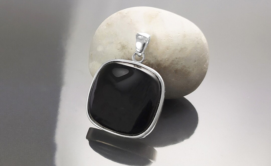 Big Black Rounded Square Pendant, Sterling Silver, Black Onyx Gemstone ...