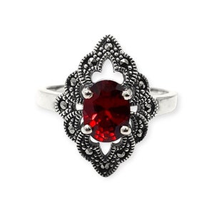 Garnet Marcasite Ring, Sterling Silver, Vintage Marquise Ring, Lab Red ...