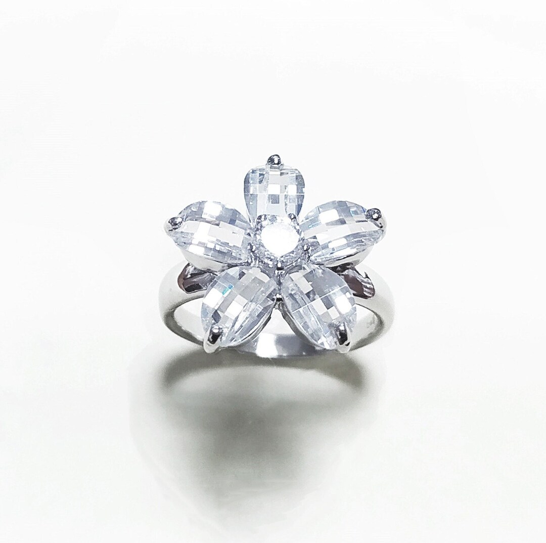 Flower Ring Sterling Silver 925, Clear White Stones Color Faceted ...