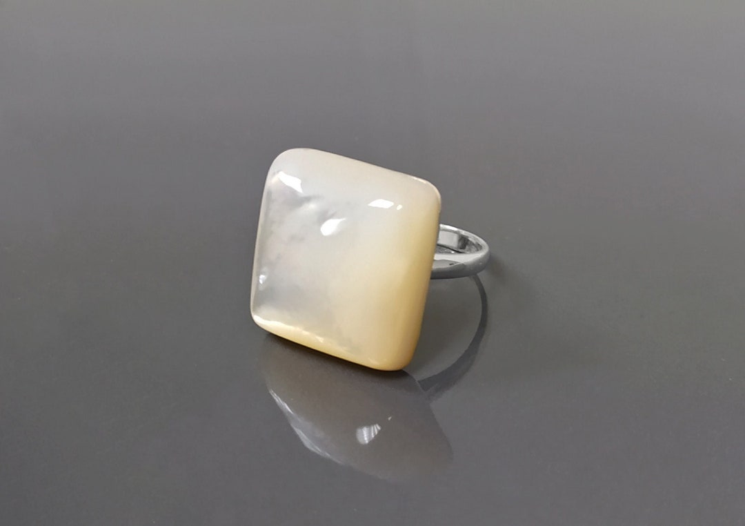White Square Ring, Sterling Silver, Natural Mother of Pearl Shell, Designer Geometrical ...