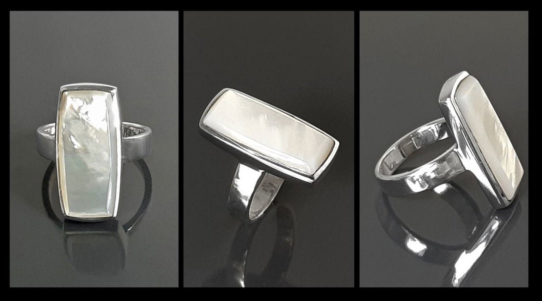 Rectangle Ring, MOP Silver Ring, Sterling Silver Ring Set With a ...