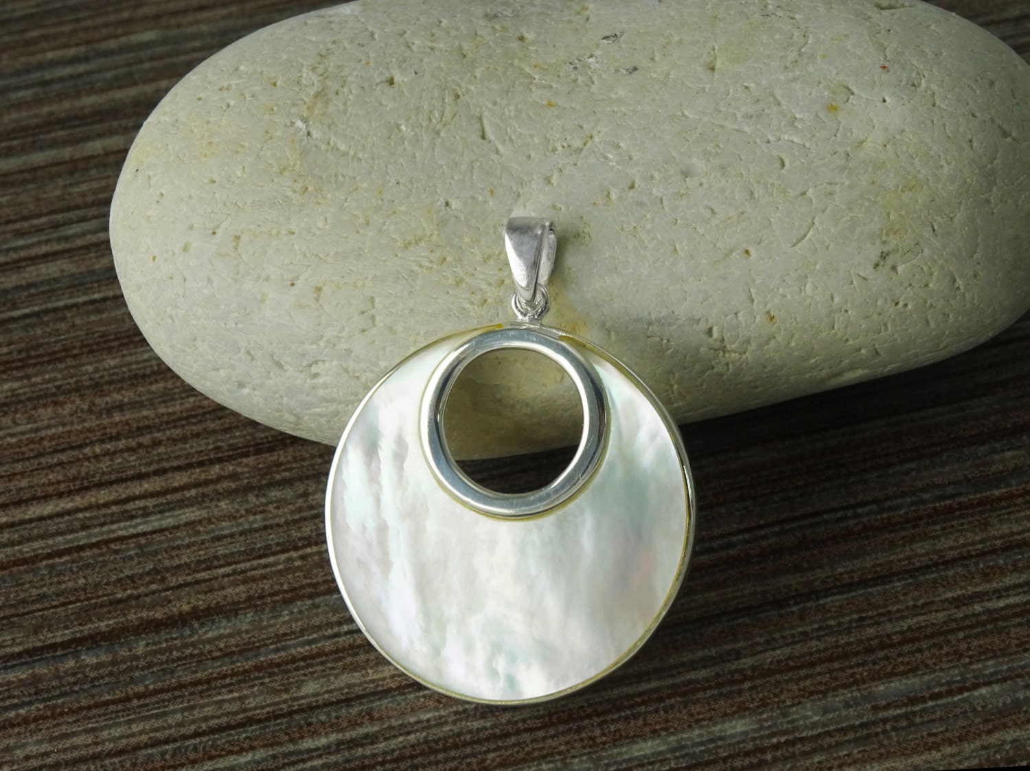 White Round Pendant, Sterling Silver, GENUINE Mother of Pearl Shell ...