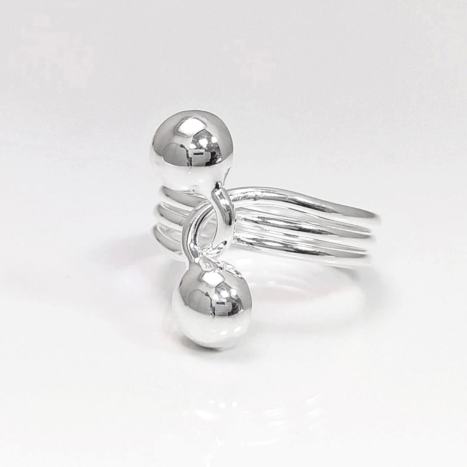 Ball Ring, Sterling Silver, Bypass Half Ring, Cross Balls Crossing ...