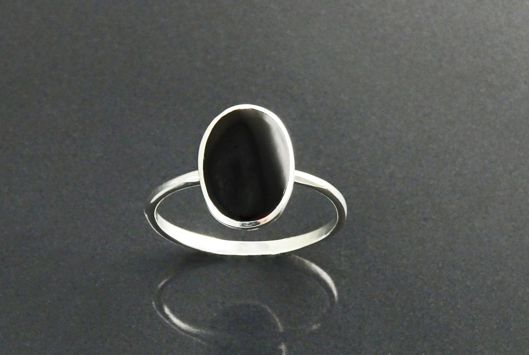 Oval Black Ring, Sterling Silver Ring, Ring With Flat Oval Stone ...