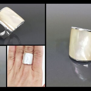 White Square MOP Ring, Sterling Silver, Cuff Ring, Large Armor Ring ...
