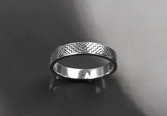 Mayan Band Ring Sterling Silver Mesoamerican Geometric Aztec - Etsy