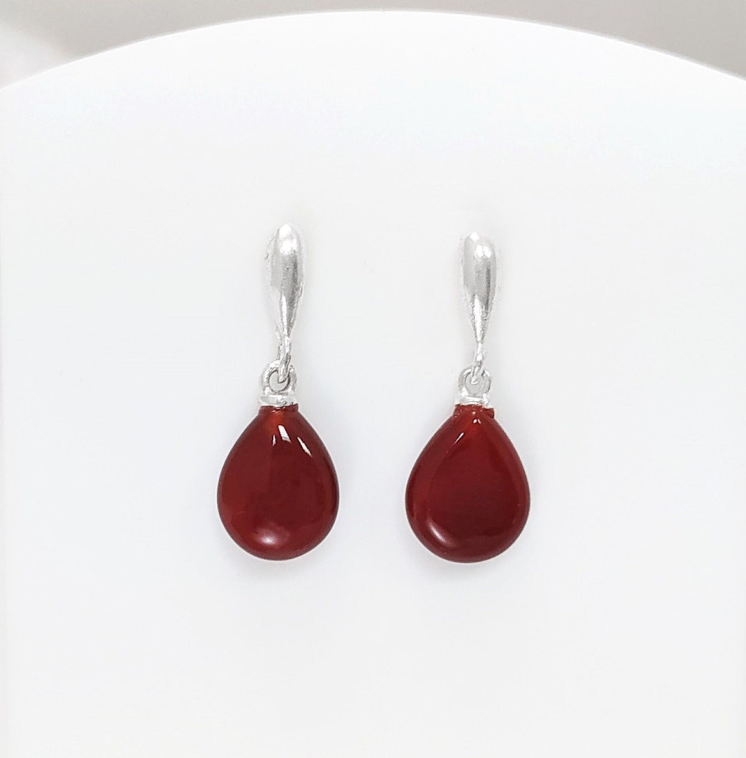 Red Stone 925 Earrings - Sterling Silver - Stud Drop Earrings - Brown ...
