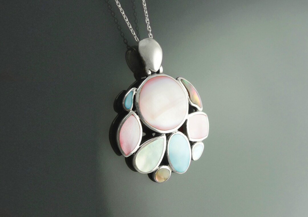 Oval Shell Necklace, Sterling Silver, Multicolored Stones Geometric ...