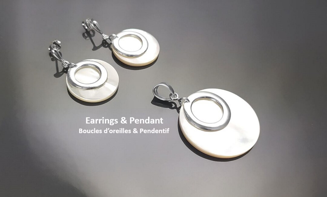 Round Shell Earrings and Pendant SET, Sterling Silver, White MOP Mother ...