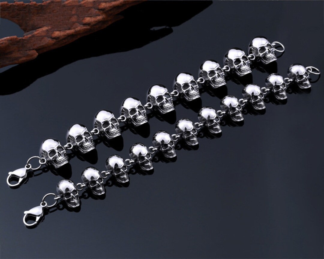 COOL Stainless Steel Human Skull Bead Bracelet, Polished Punk Gothic ...
