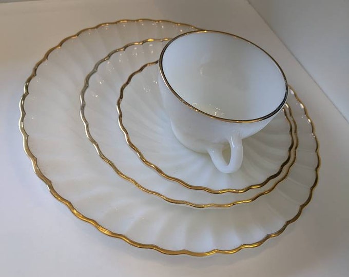 Anchor Hocking Dinnerware Set Golden Shell Milk Glass Swirl Fire King ...