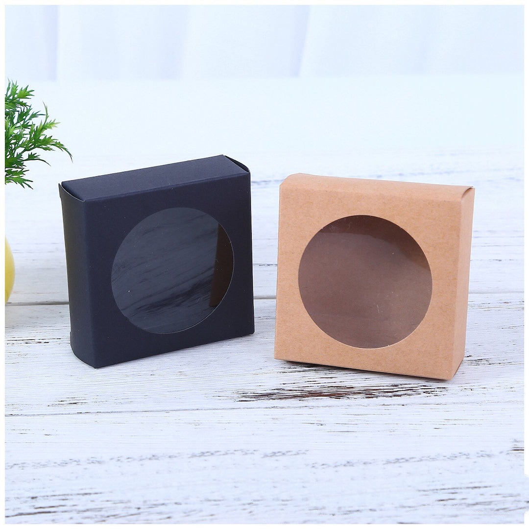 100 Black Kraft Wedding Favor Boxes, Round Clear Window Gift Box ...