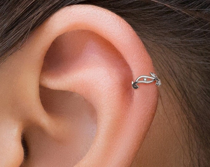 Unique Leaf Cartilage Hoop Piercing, Silver Leaf Helix Hoop, Leaf ...