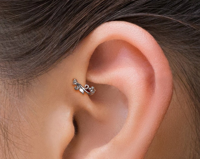 Forward Helix Earring, Silver Leaf Hoop Earring, Helix Ring, Cartilage ...