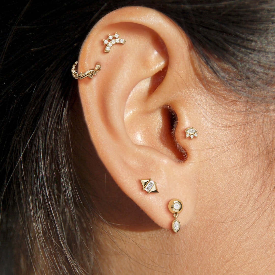 Curved Helix Stud 14K Gold, Tiny Diamond Ear Crawler, Diamond Piercing ...