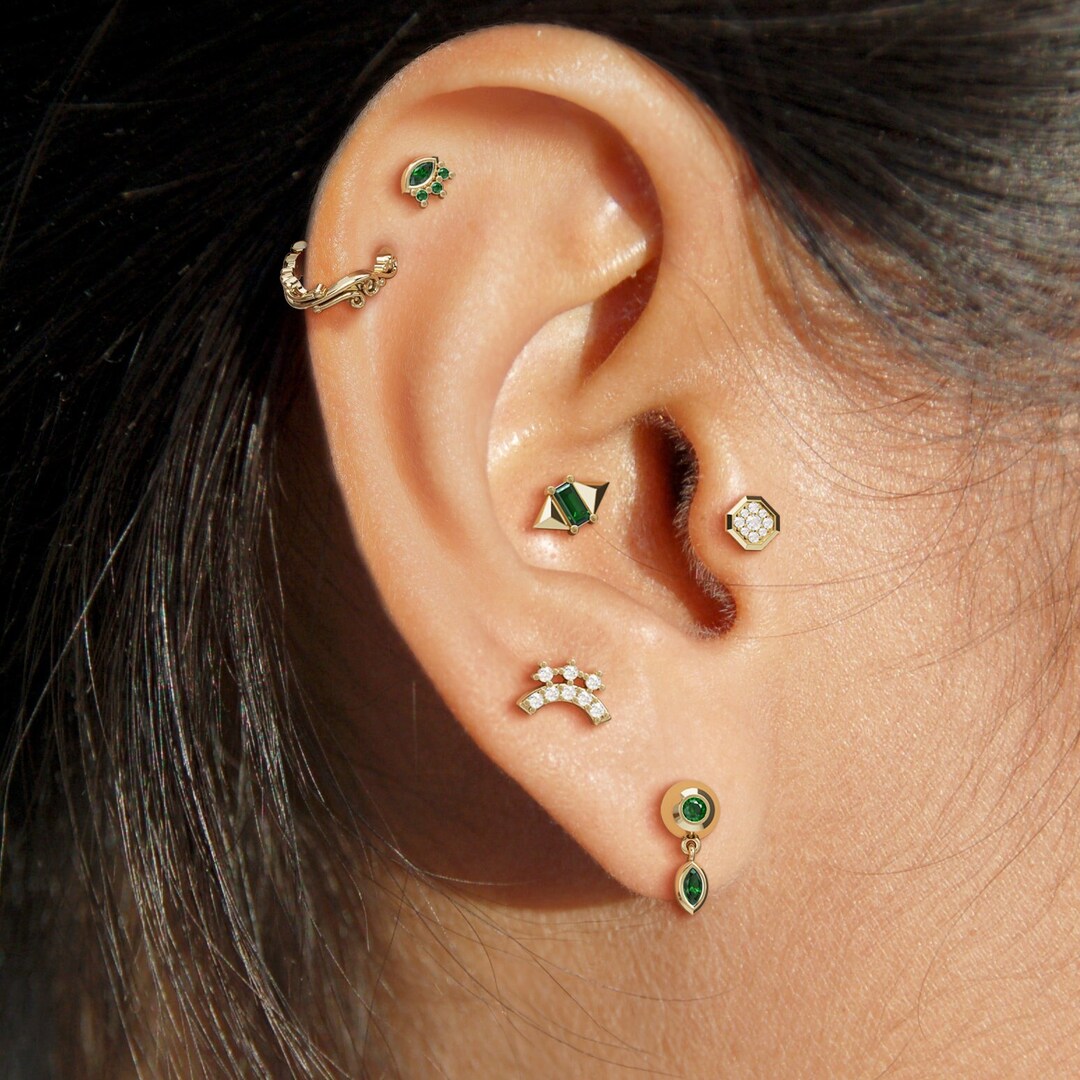 Conch Piercing, Emerald Piercing, 14K Solid Gold Baguette Emerald Stud ...