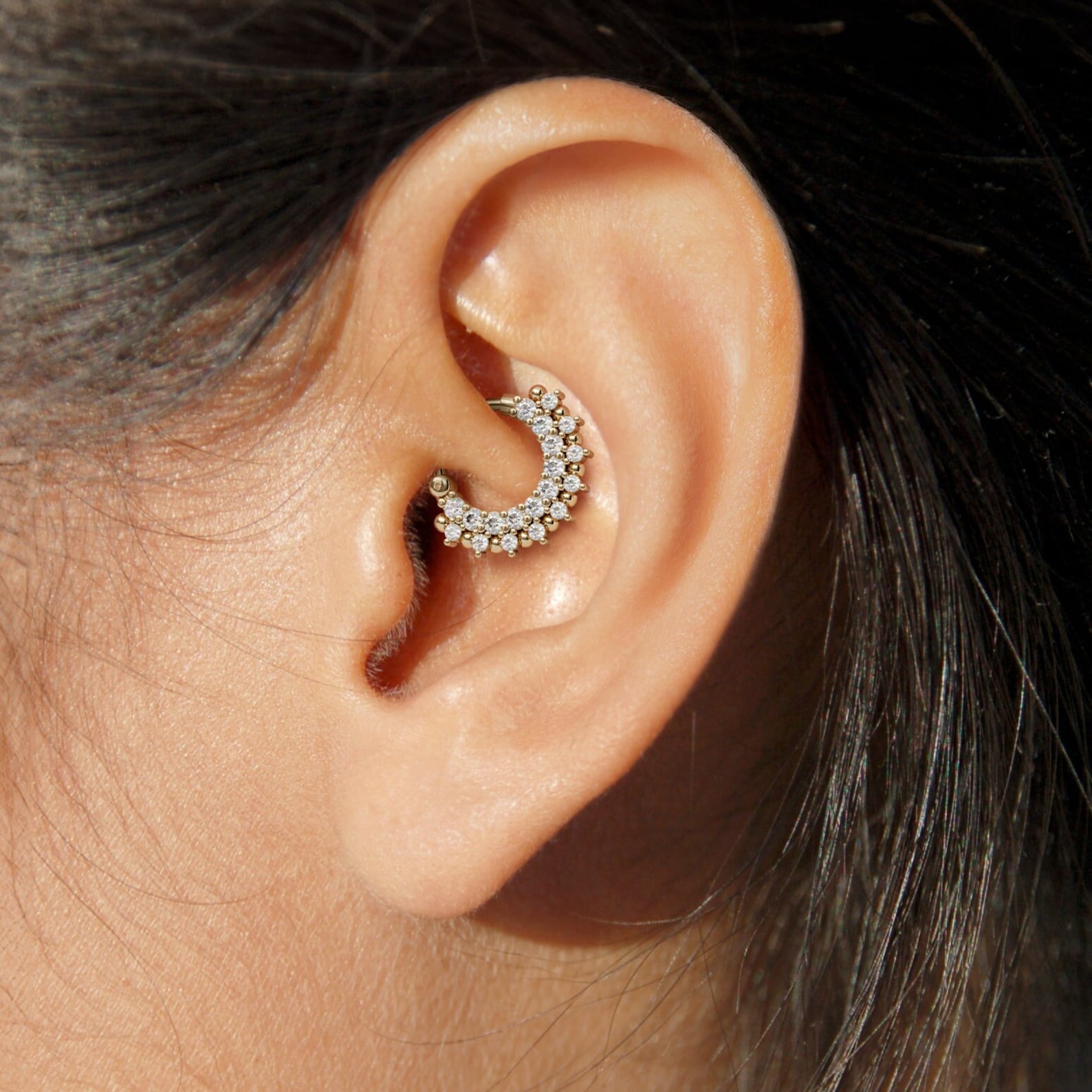14k Gold Daith Earring, Small Hoop Earring With Diamonds, Solid Gold ...
