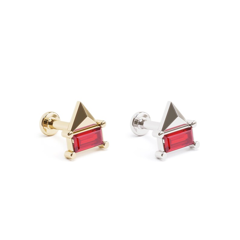 Baguette Ruby Piercing, 14K Solid Gold Cartilage Ruby Piercing, 14K ...