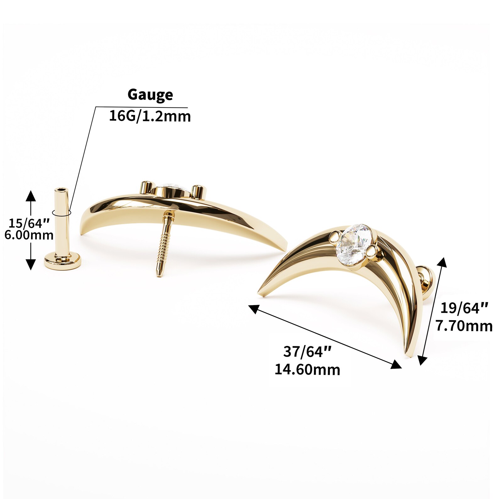 14K Gold Diamond Crescent Moon Helix Stud, Curved Helix Labret Stud ...