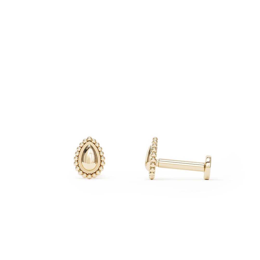 14K Gold Labret Stud, Tiny 16G Tragus Stud, 14K Gold Beaded Stud ...