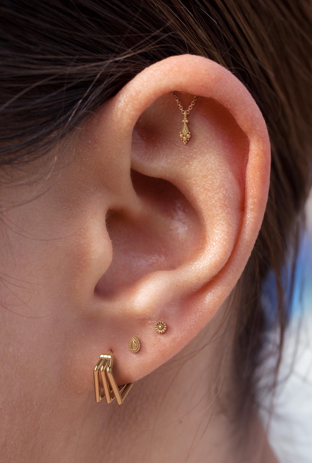 Hidden Helix Piercing, 14K Solid Gold Dangling Helix Stud, 14K Gold ...