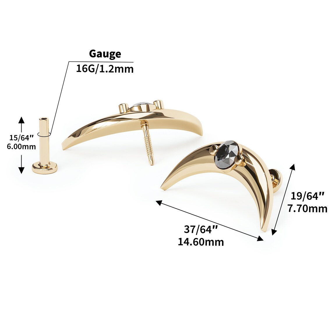 14K Gold Diamond Crescent Moon Helix Stud, Curved Helix Labret Stud ...