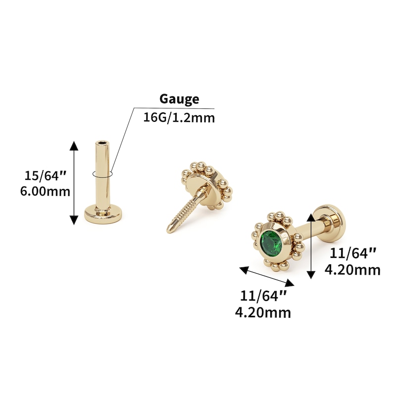 Tiny 14K Gold Emerald Round-cut Cartilage Stud, Emerald Labret Stud ...