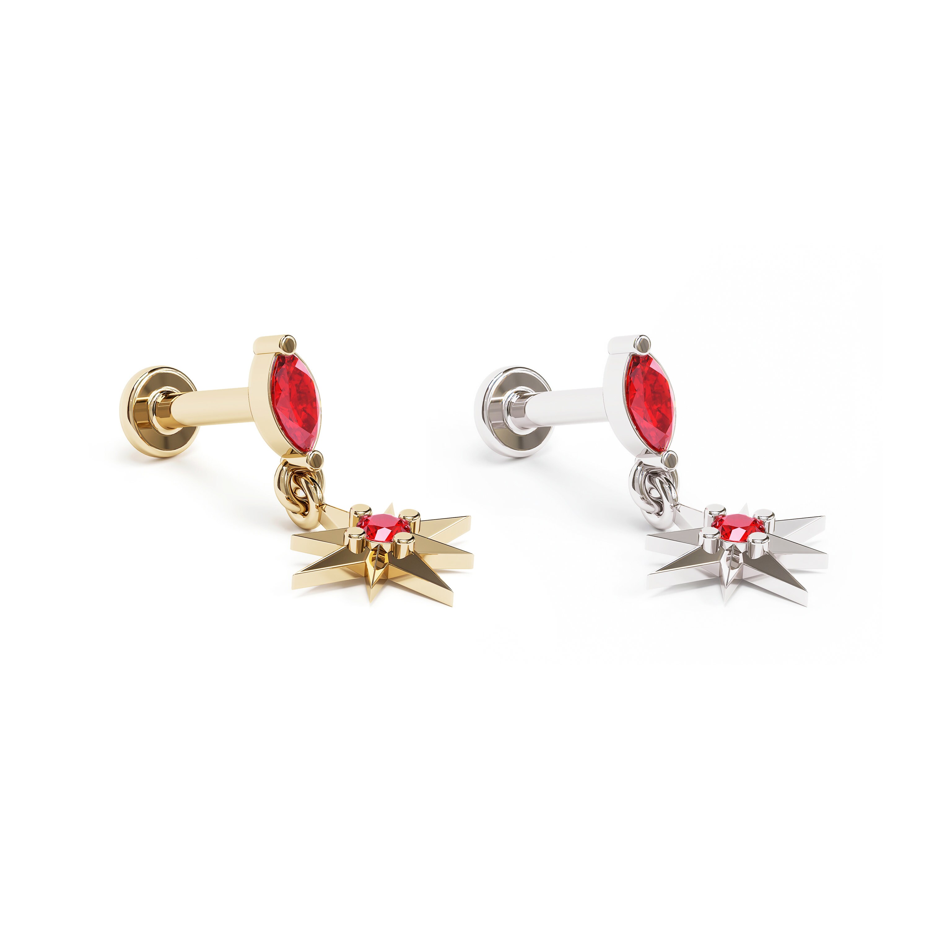 Ruby Starburst Dangle Stud Earring, Marquise Ruby Stud, 14K Gold Labret ...