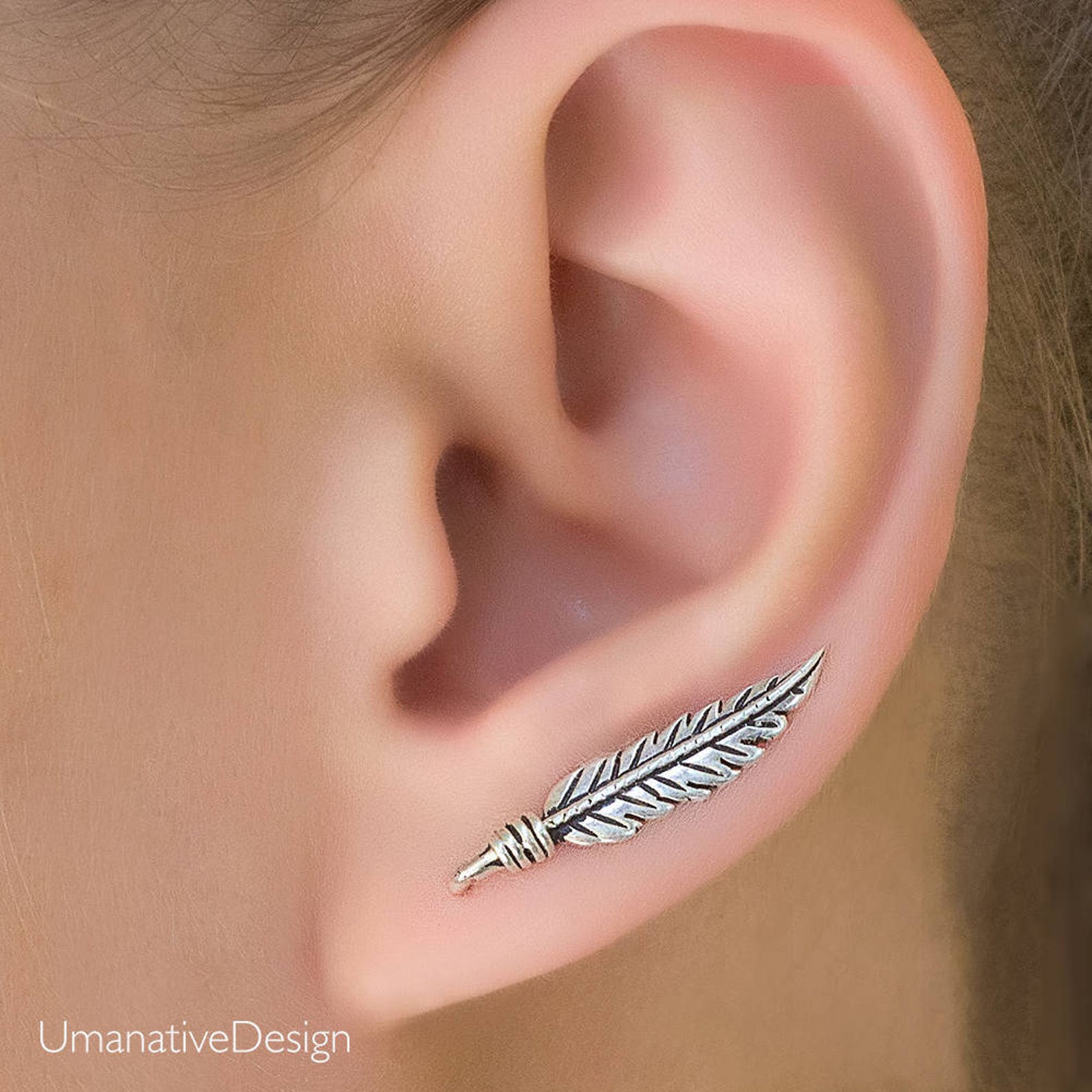 Curved Ear Climber, Bar Ear Crawler, Leaf Ear Climbers, Silver Ear ...