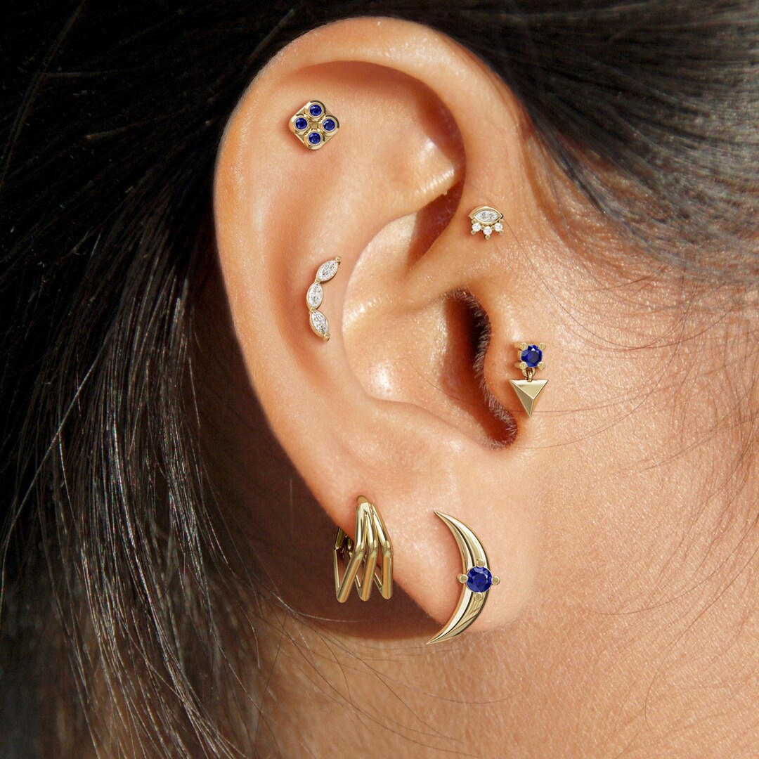 16G Sapphire Dangle Internally Threaded Labret, 14K Gold Pyramid Tragus ...