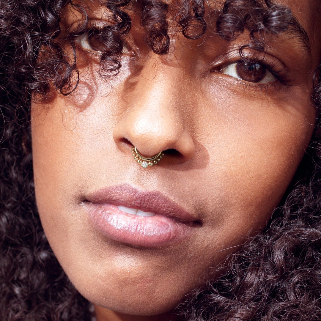 14k Gold Goth Septum Jewelry With Genuine Diamond, Septum Clicker ...