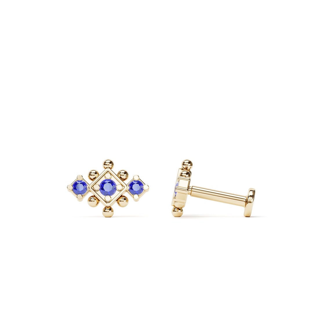 Sapphire Statement Stud Earring, 14K Solid Gold Labret Stud, Flat Back ...