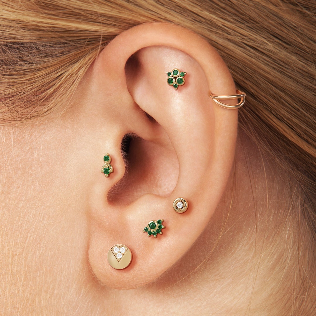 Emerald Gold Helix Earring, Flat Back Stud for Cartilage or Conch, 14K ...