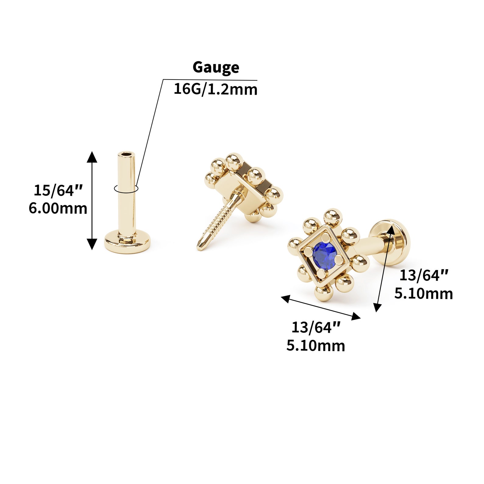 Sapphire Conch Stud Earring, 14K Gold Labret Stud, Screw Back Stud ...