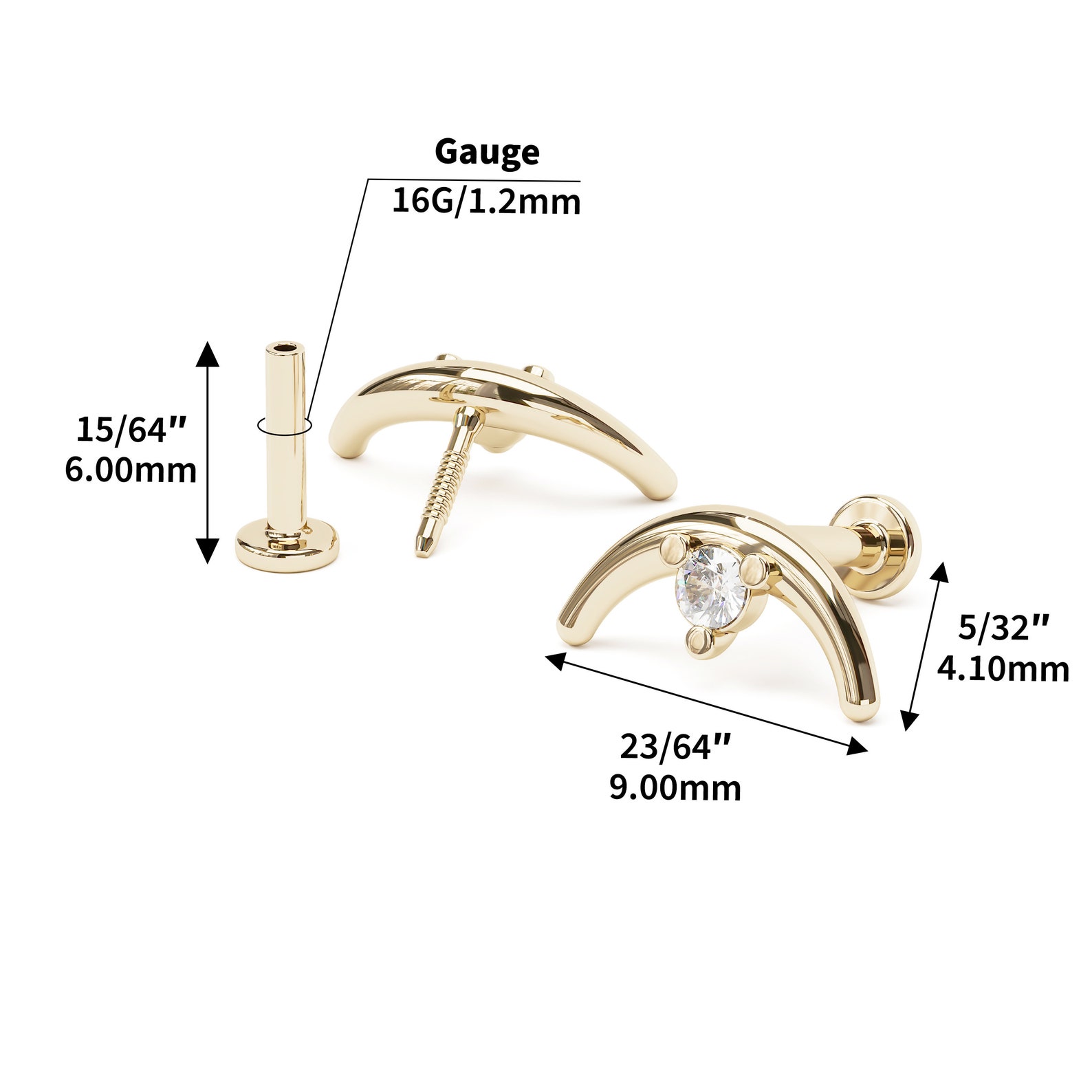 14K Gold Diamond Small Crescent Moon Helix Stud, Curved Helix Labret ...