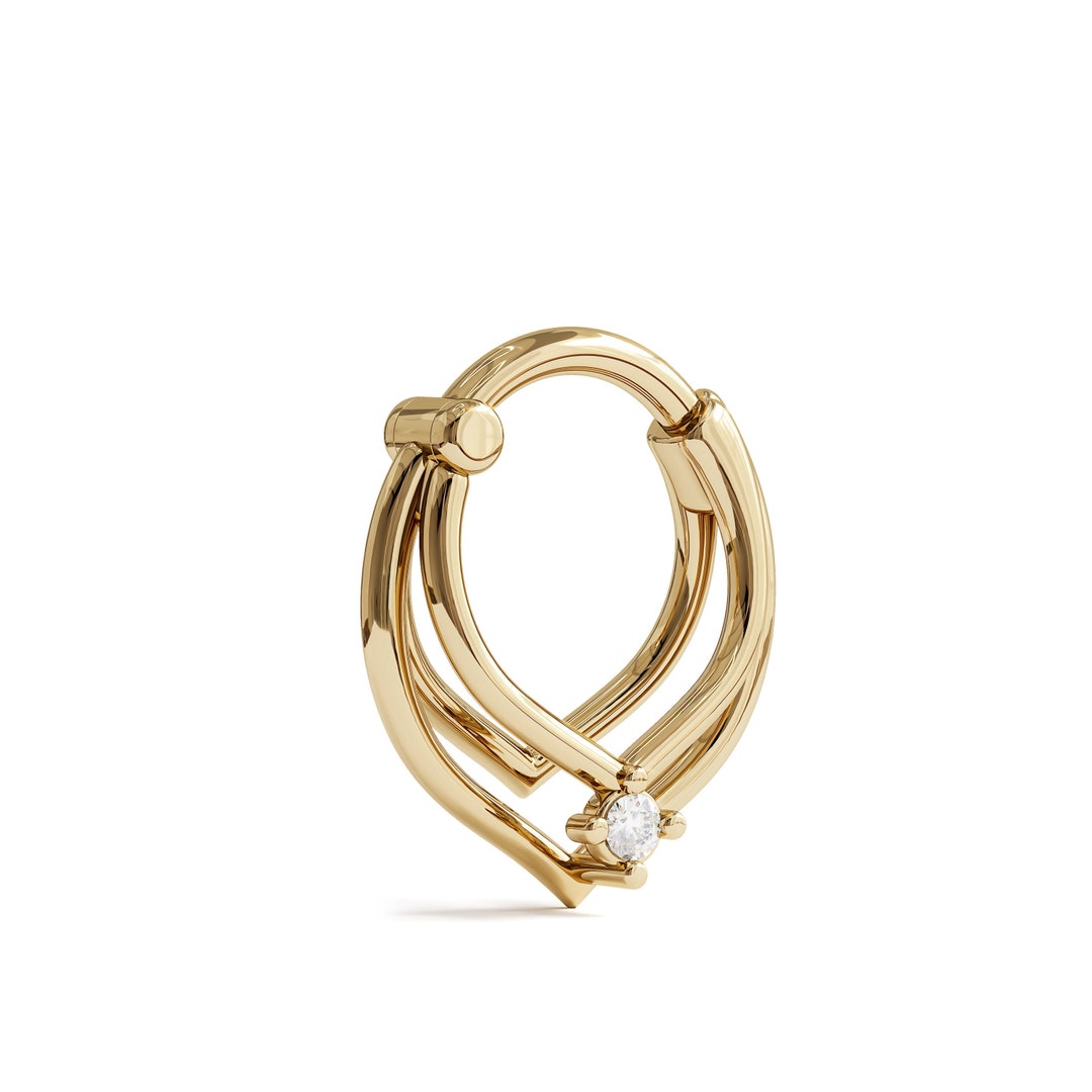 Solid Gold Trinity Diamond V Shape Clicker Septum Ring, 14k Gold Septum ...